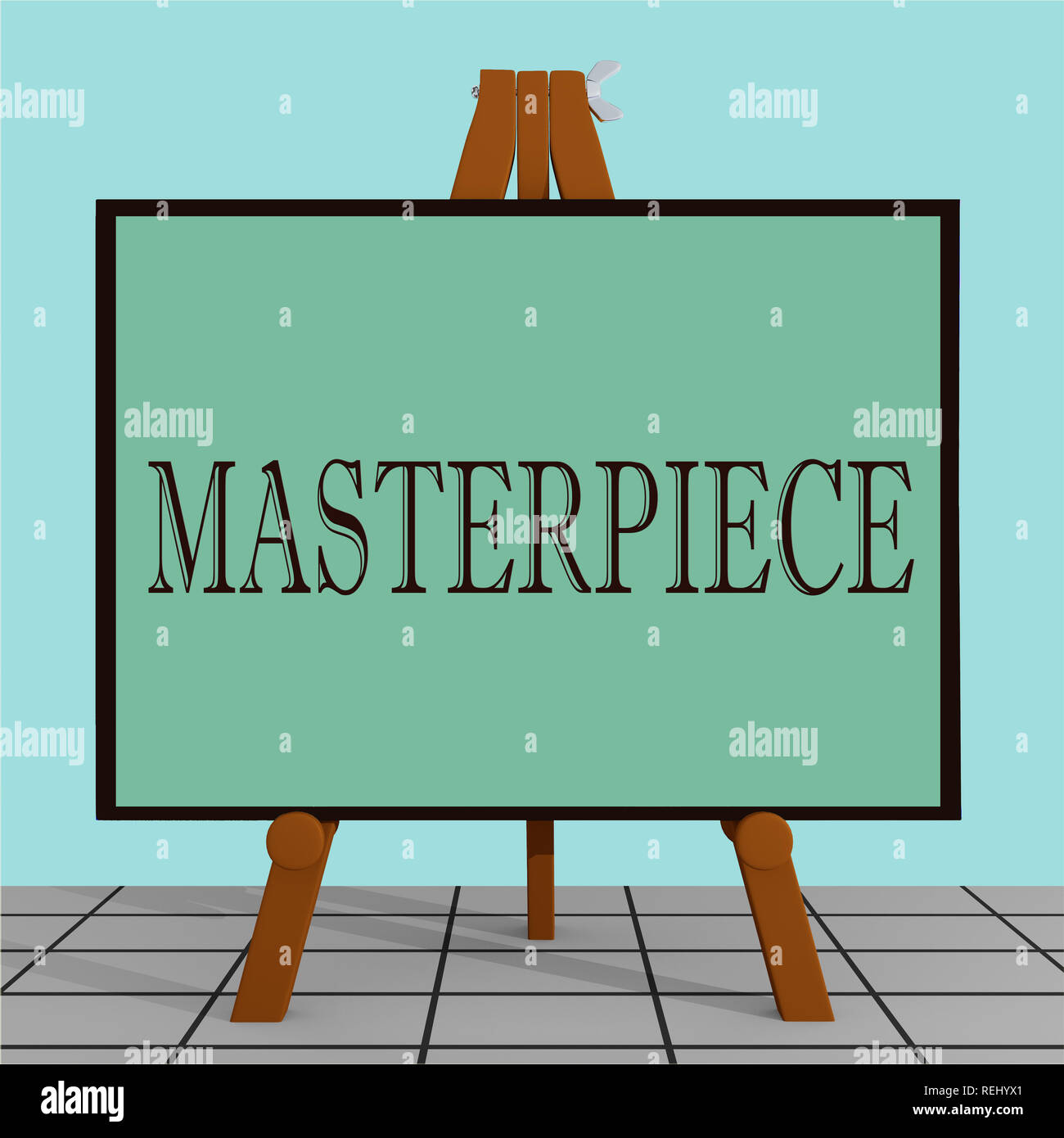 3D illustration of MASTERPIECE title on a tripod display board Stock ...