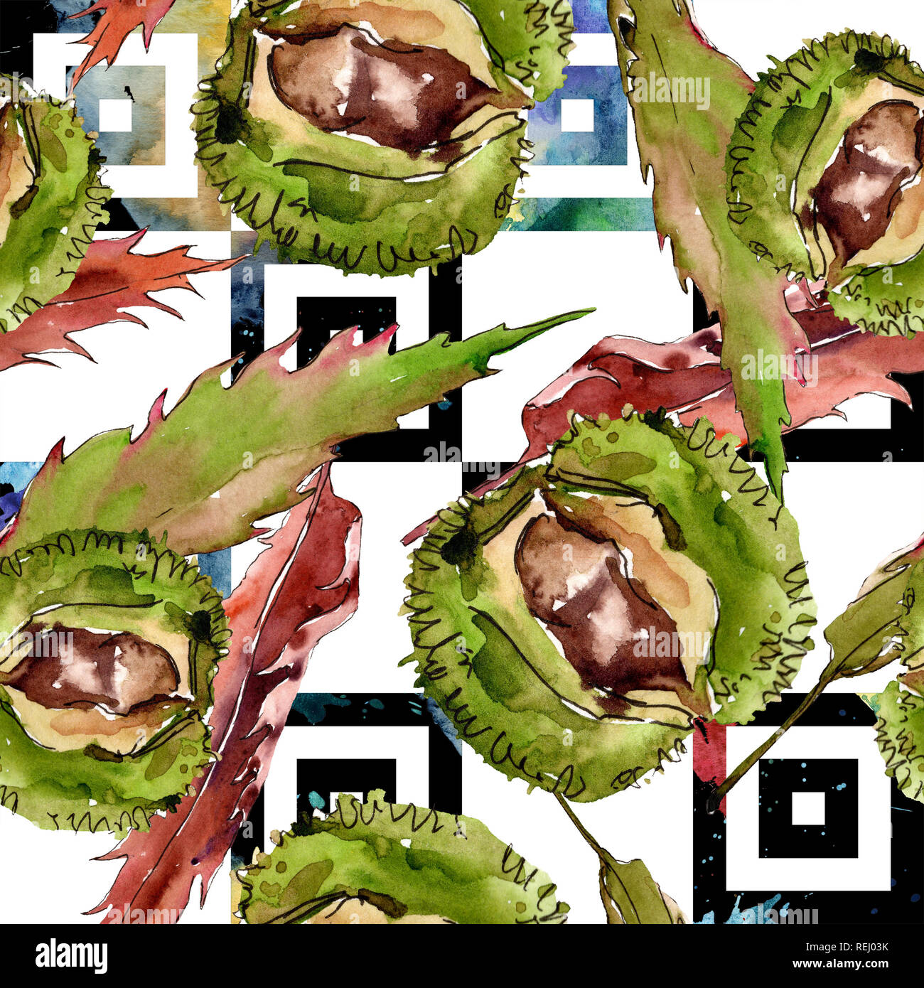Sweet chestnut leaves and fruit. Watercolor background illustration set ...