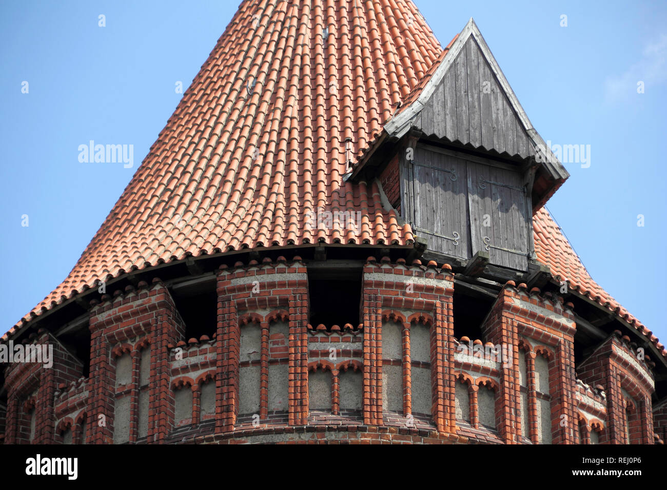 Battlements and conical roof of the Jail tower in Tangermünde in ...