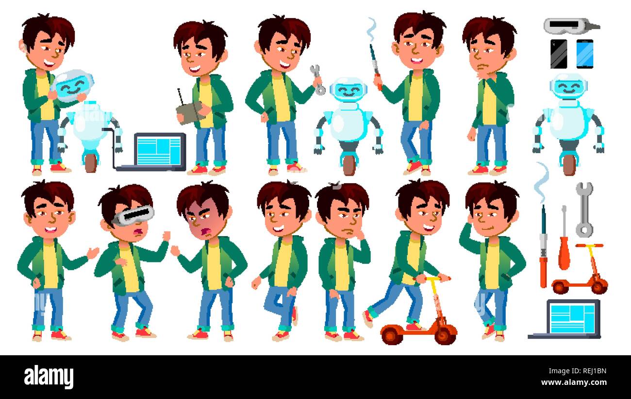 Asian Boy Kid Poses Set Vector. Build Robot Helper. Primary School ...