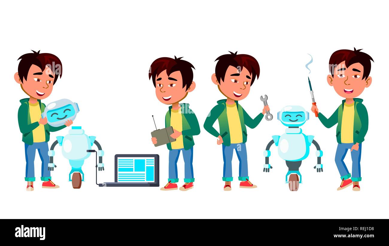 Asian Boy Set Vector. Primary School. Study. Build Robot Helper ...