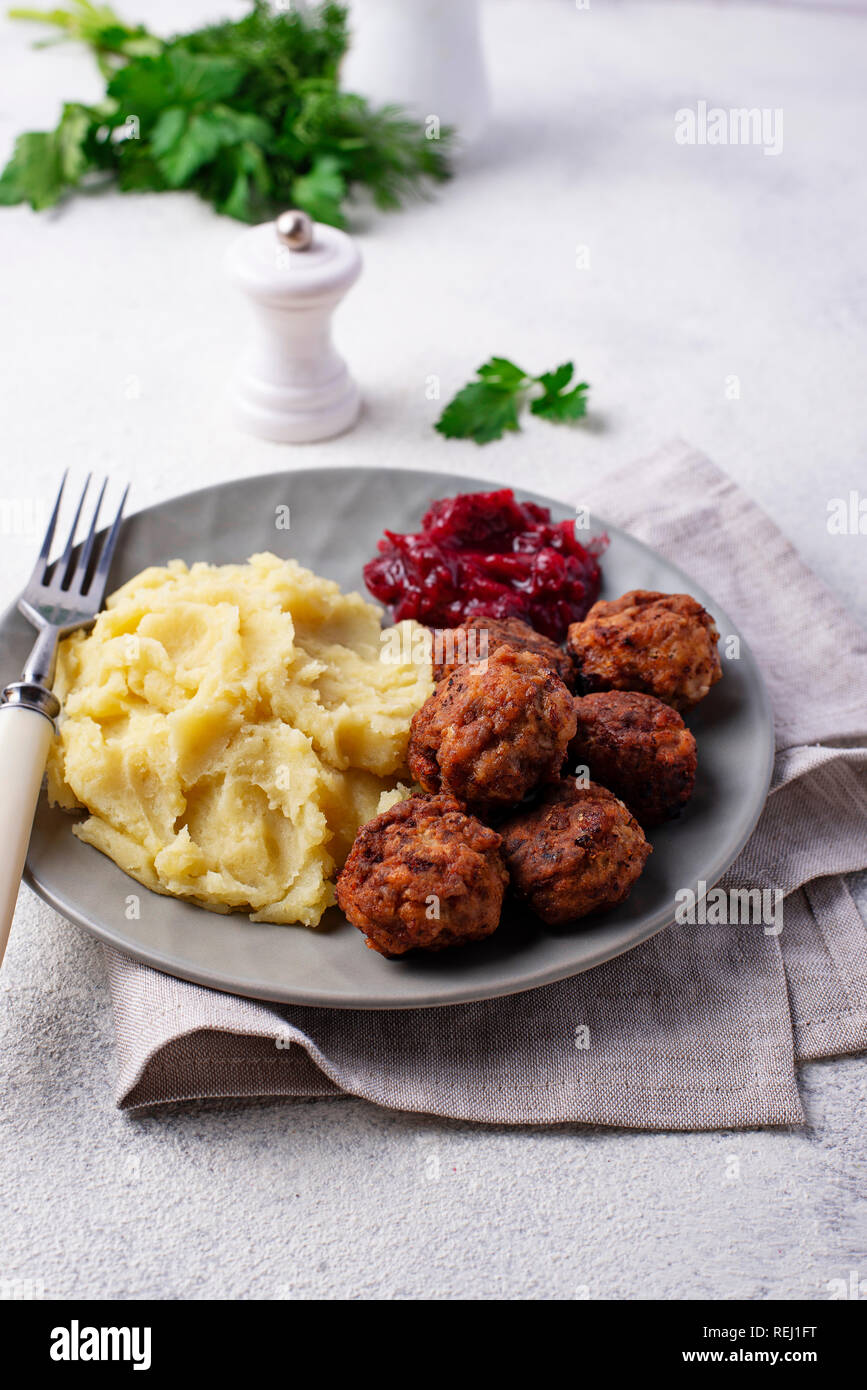 Swedish meatballs with mashed potato Stock Photo - Alamy