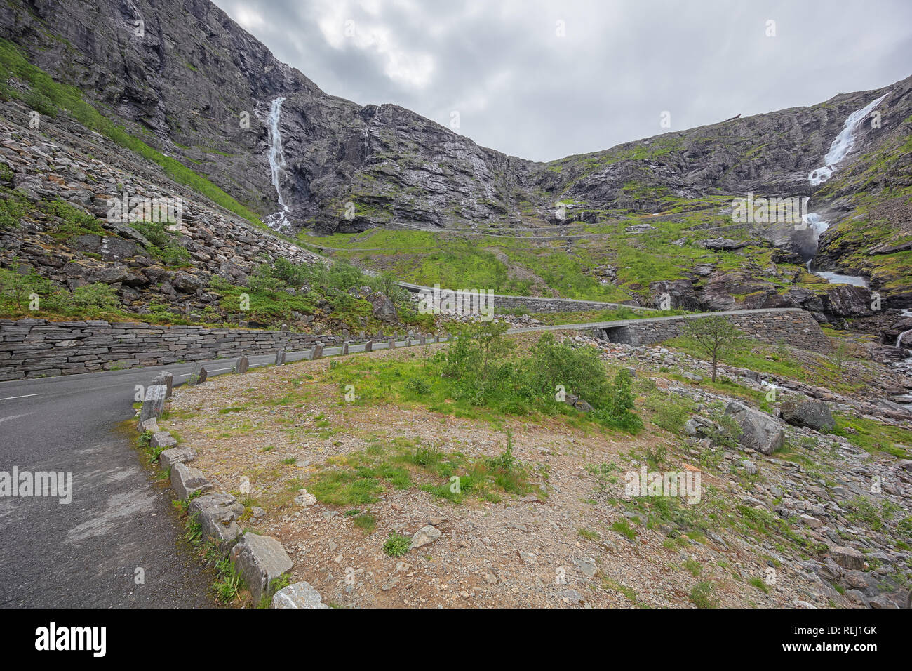 Waterfalls along the Trollstigen seen from the bottom of the valley ...