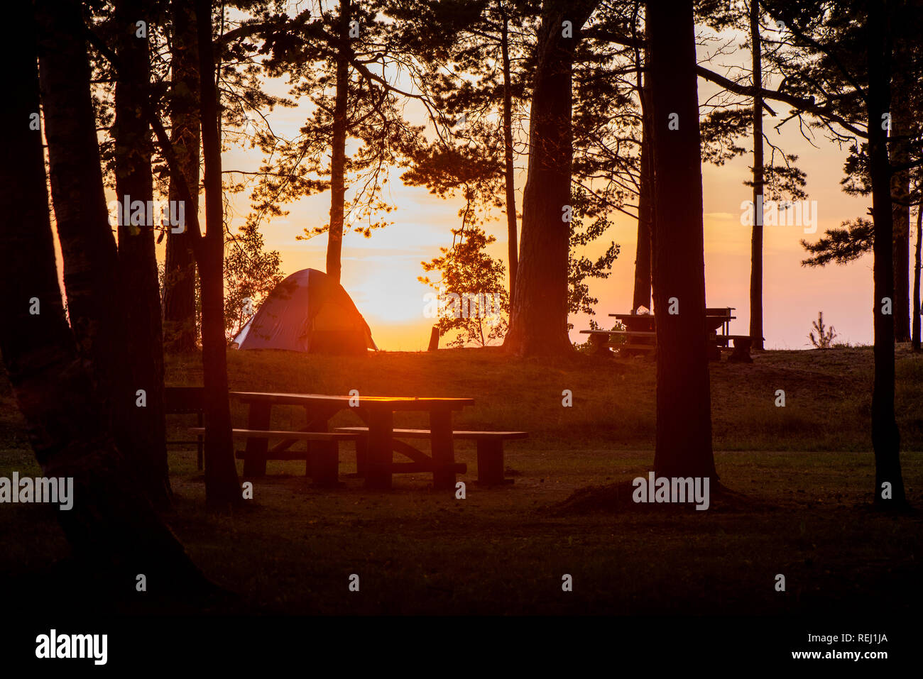 Camping on the beach during the sunset with silhouettes of young people ...