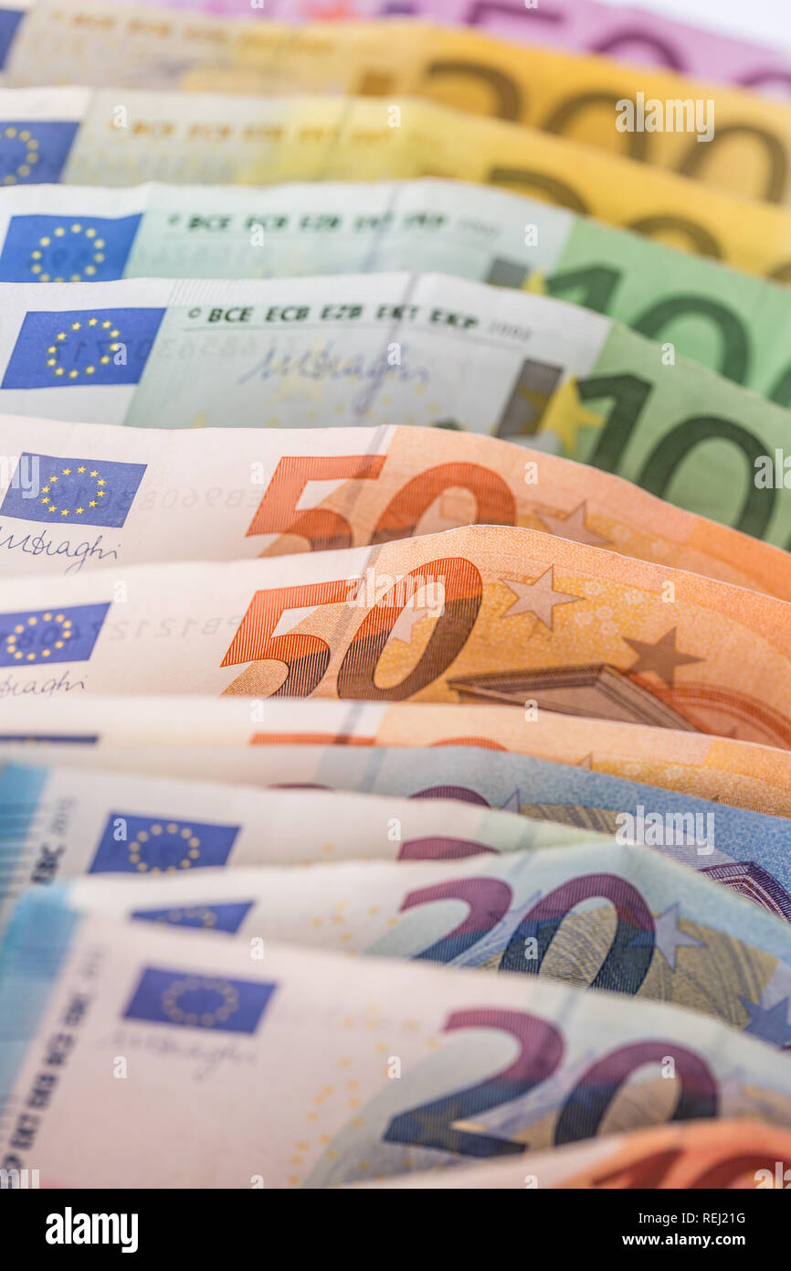Euro banknotes in detail on the pile of other nominal banknotes Stock ...