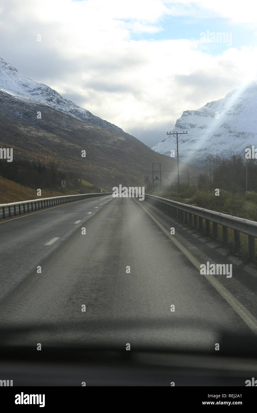 Road trough Vally shot trough car front window Stock Photo - Alamy
