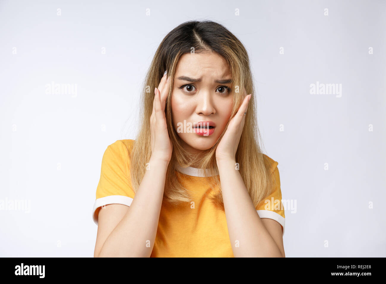 Portrait of sad crying pensive mad crazy asian woman. Closeup young ...