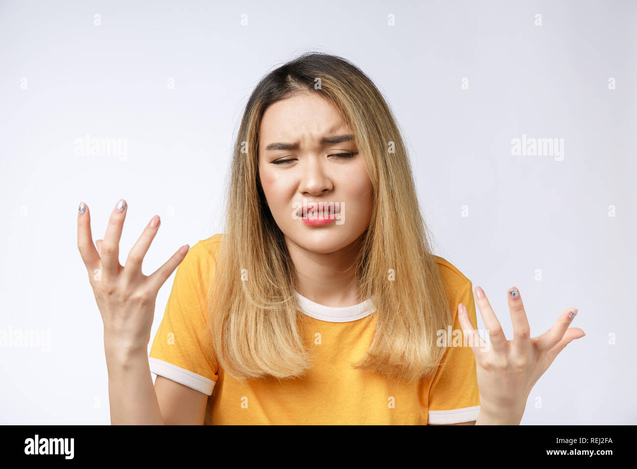 Portrait of sad crying pensive mad crazy asian woman. Closeup young ...