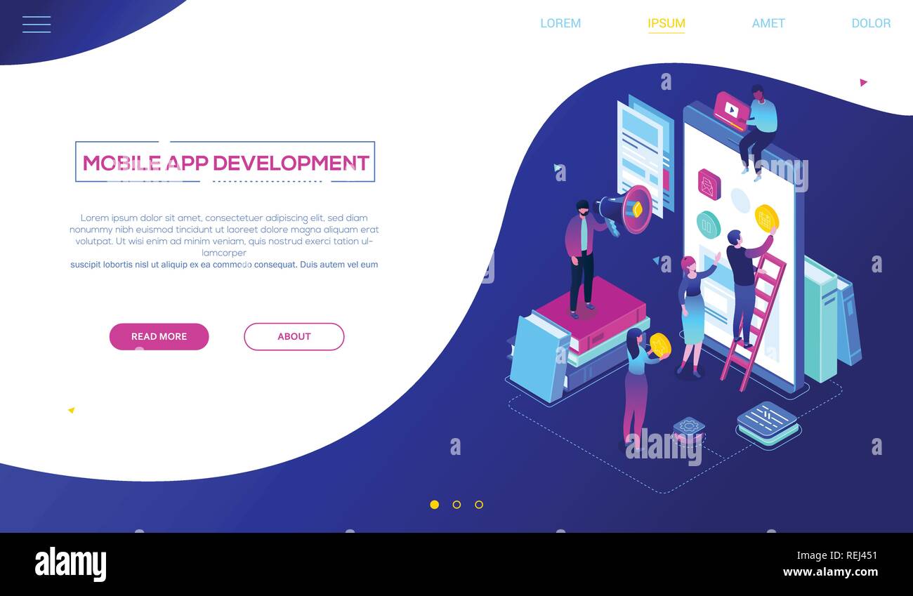 Mobile app development - modern colorful isometric vector web banner ...