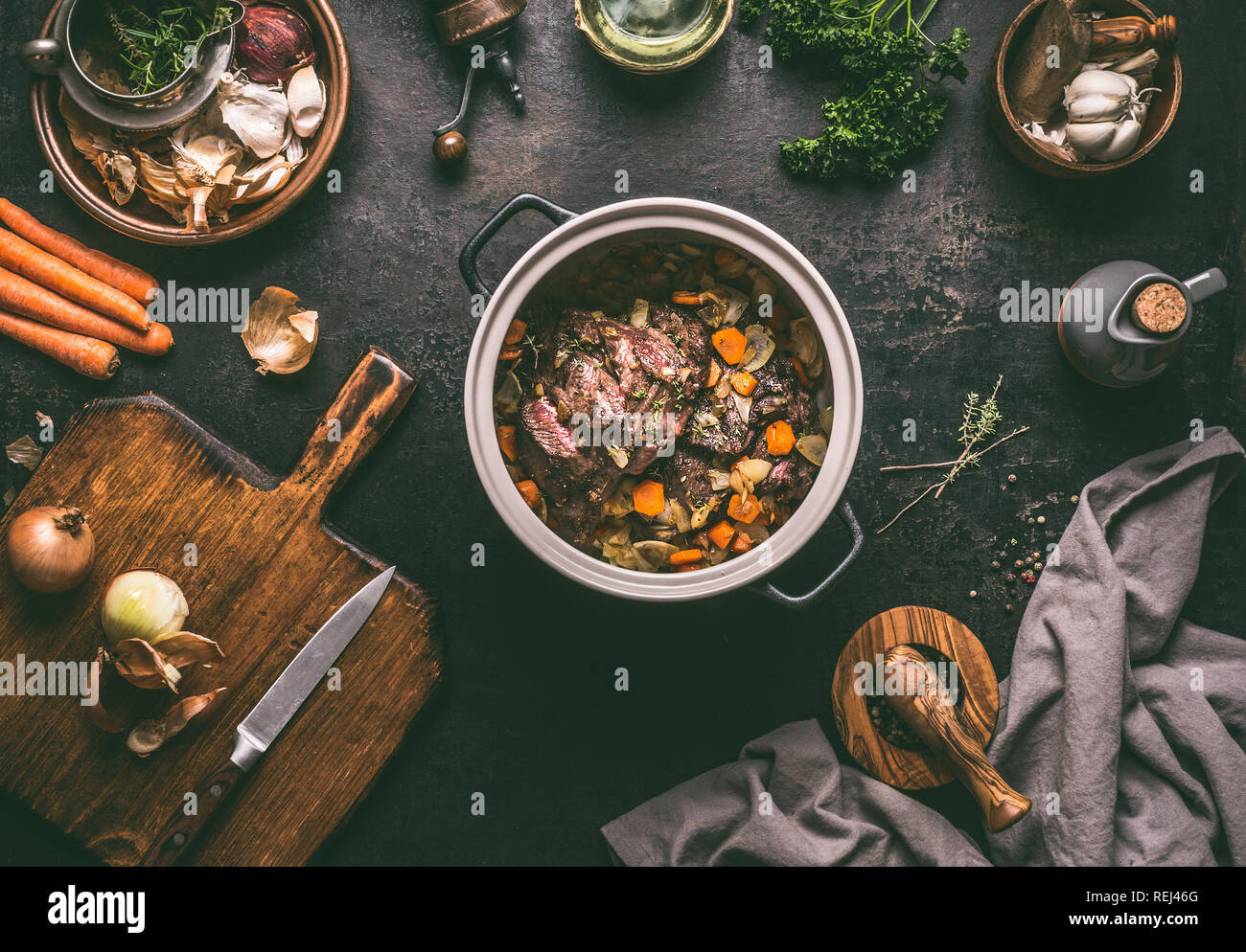 Cooking preparation of stewed meat. Roasted beef meat in cast iron ...