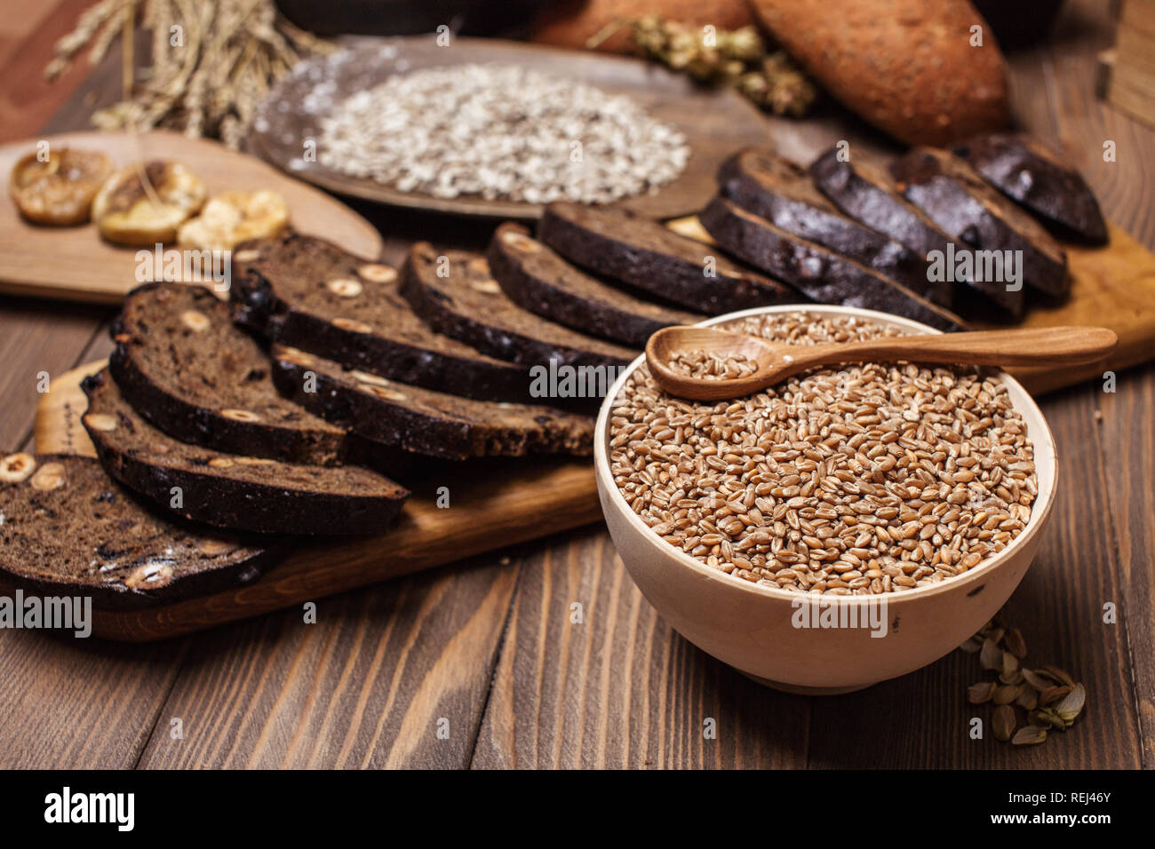 Whole grain multigrain bread, whole and sliced, contains seeds isolated ...