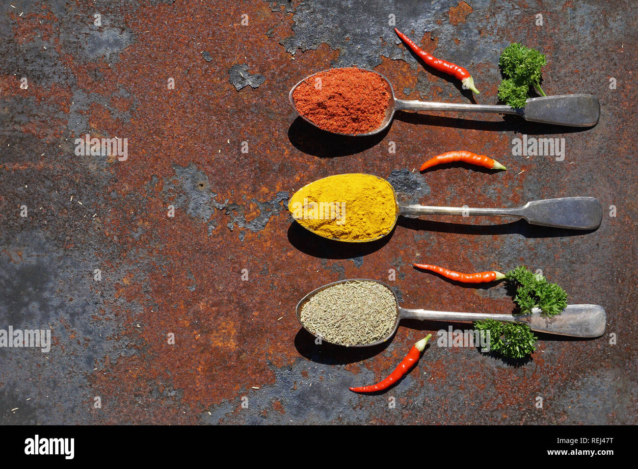 an assortment of different spices for cooking in silver spoon . Red ...
