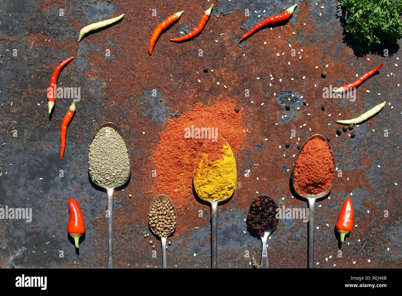 an assortment of different spices for cooking in silver spoon . Red ...
