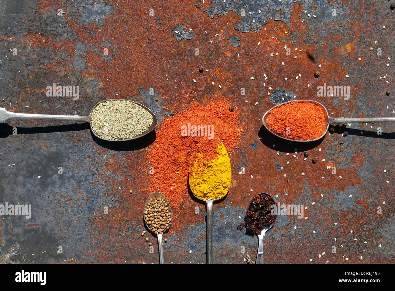 an assortment of different spices for cooking in silver spoon . Red ...