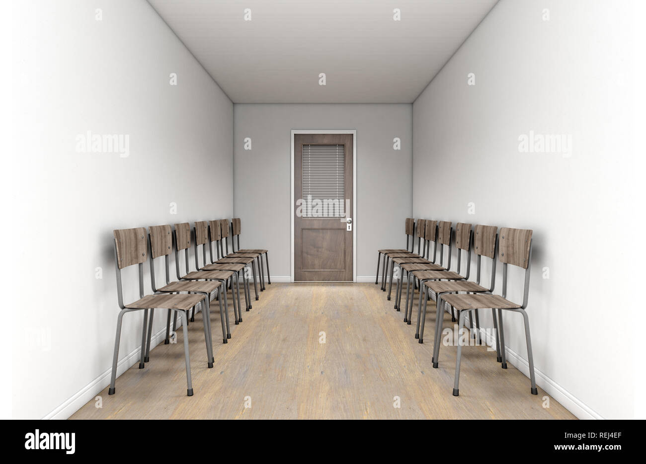 A passage waiting room interior with a shut wooden office door at the ...