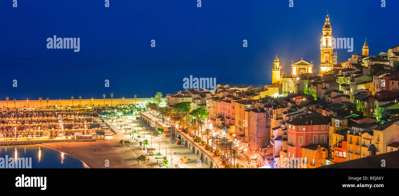 Old town architecture of Menton on French Riviera by night Stock Photo ...