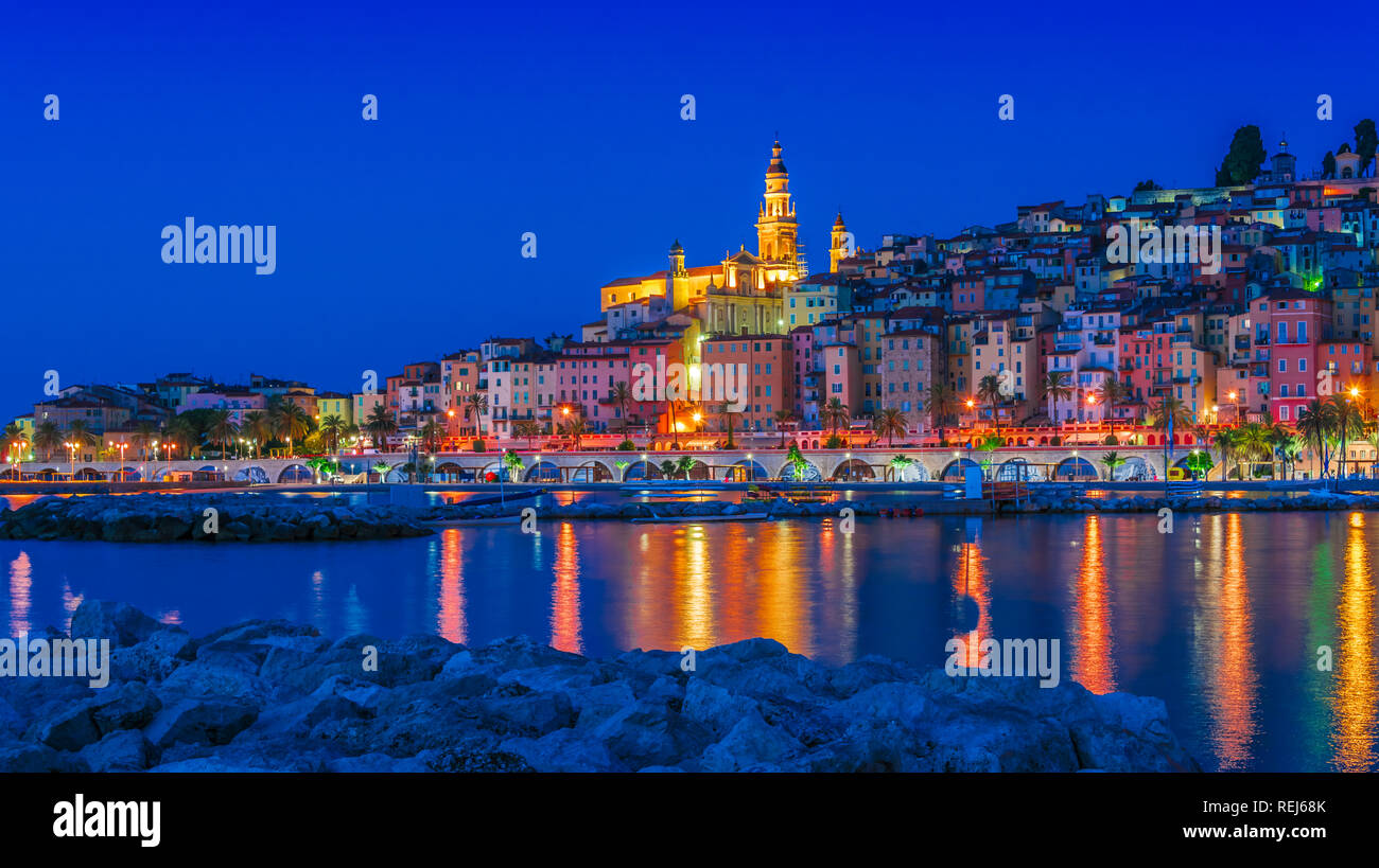 Old town architecture of Menton on French Riviera by night Stock Photo ...