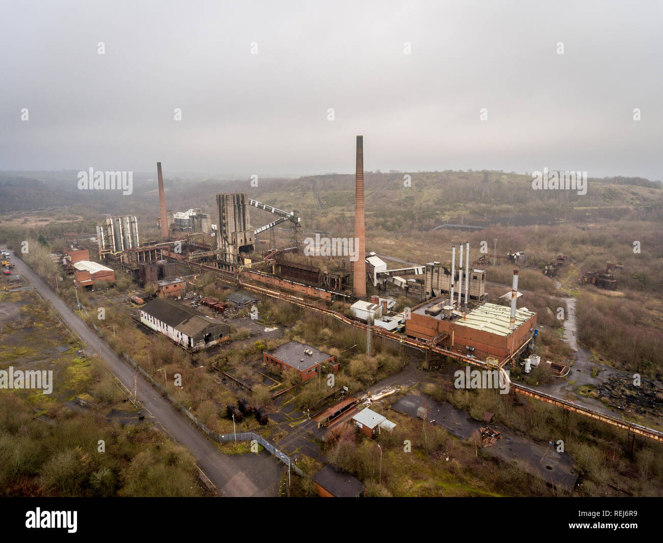 Aerial view of the derelict buildings of the former Cwm colliery and ...