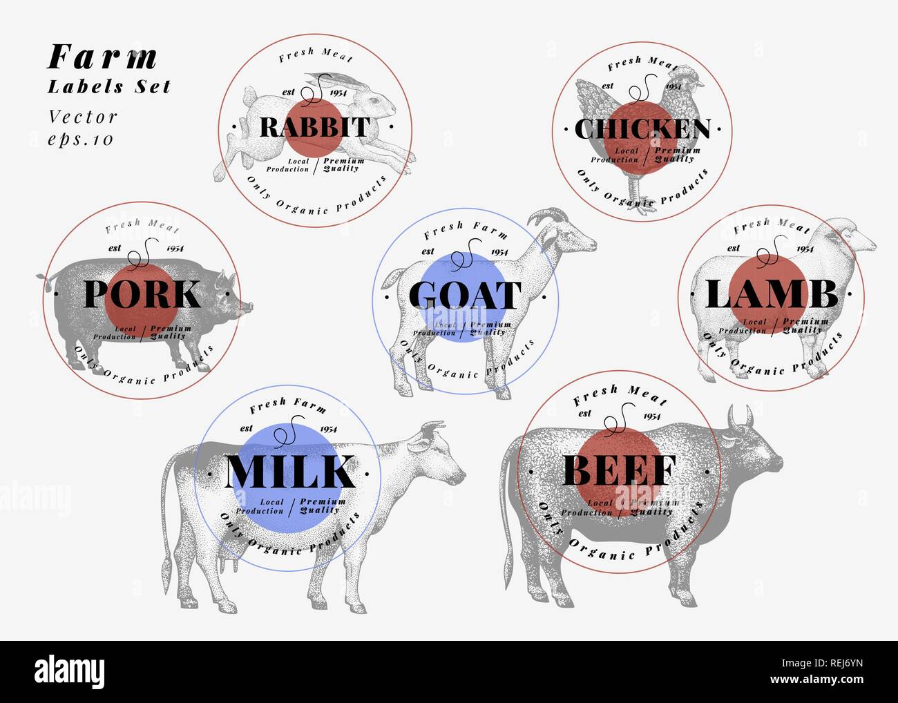 Labels with farm animals. Hand drawn animals set templates. Vector ...