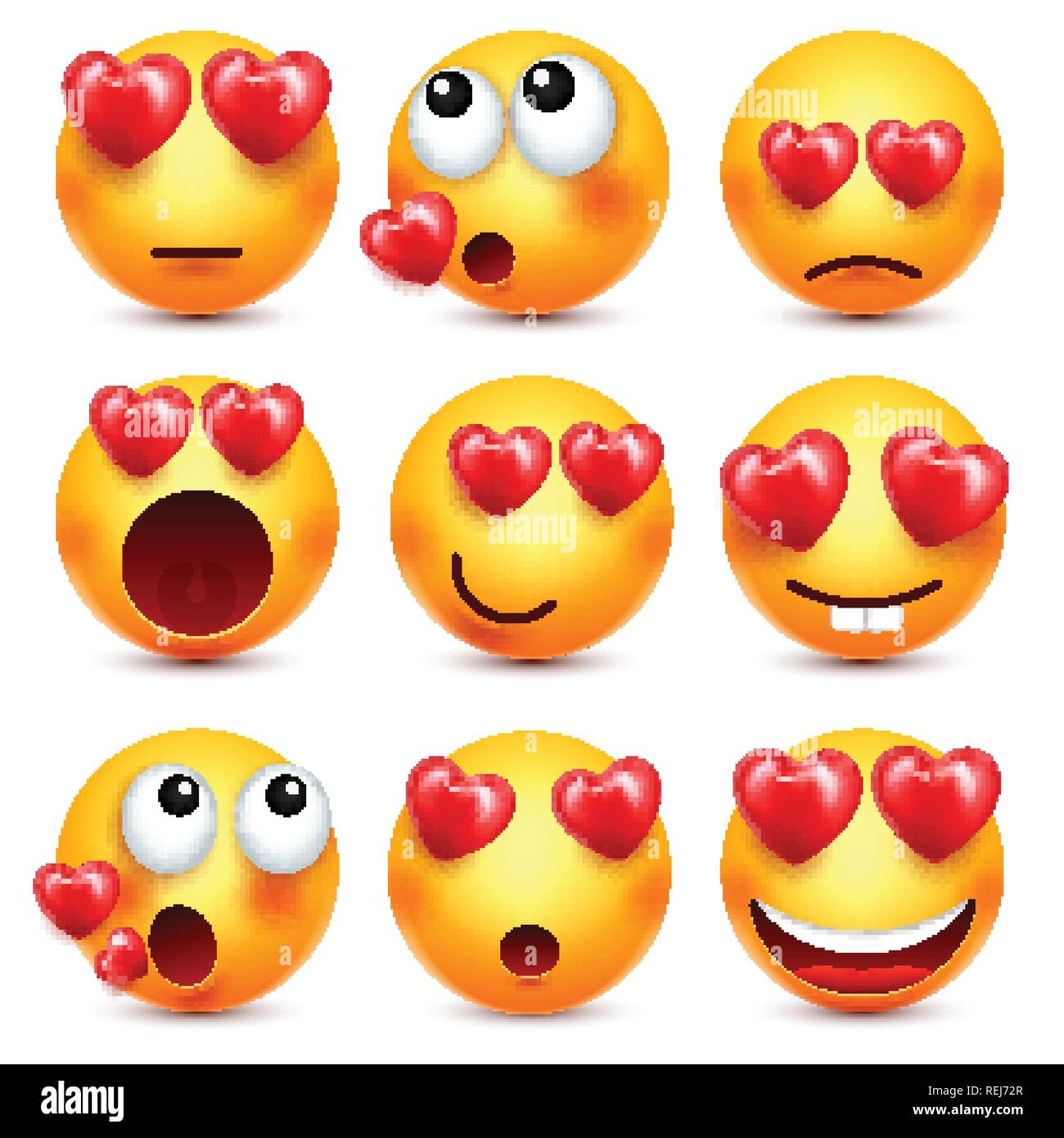 Smiley Emoji With Red Heart Vector Set. Valentines Day Yellow Cartoon ...
