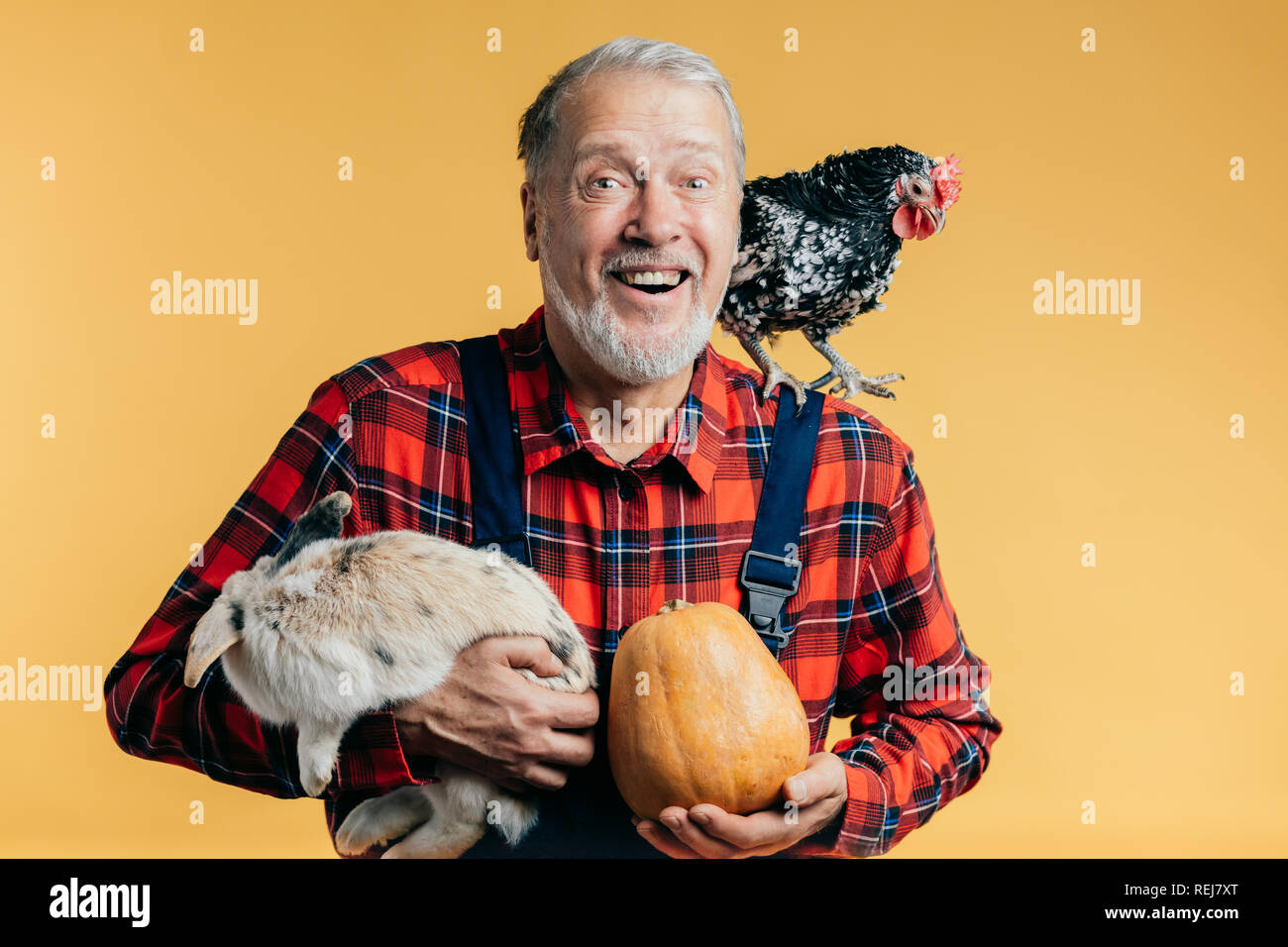 positive happy old farmer loves his work Stock Photo - Alamy