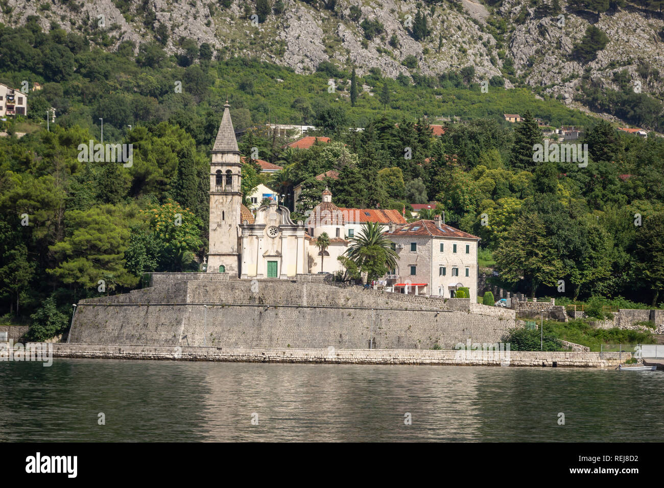 A view of the city of Dobrota with the Church of Saint Matthew Stock ...