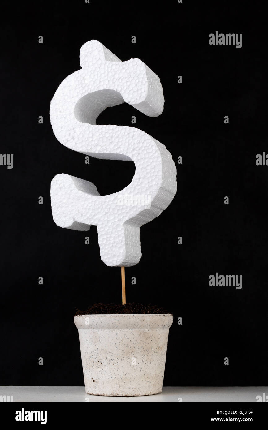 Dollar symbol embedded in a pot with fresh black soil. Marking the ...