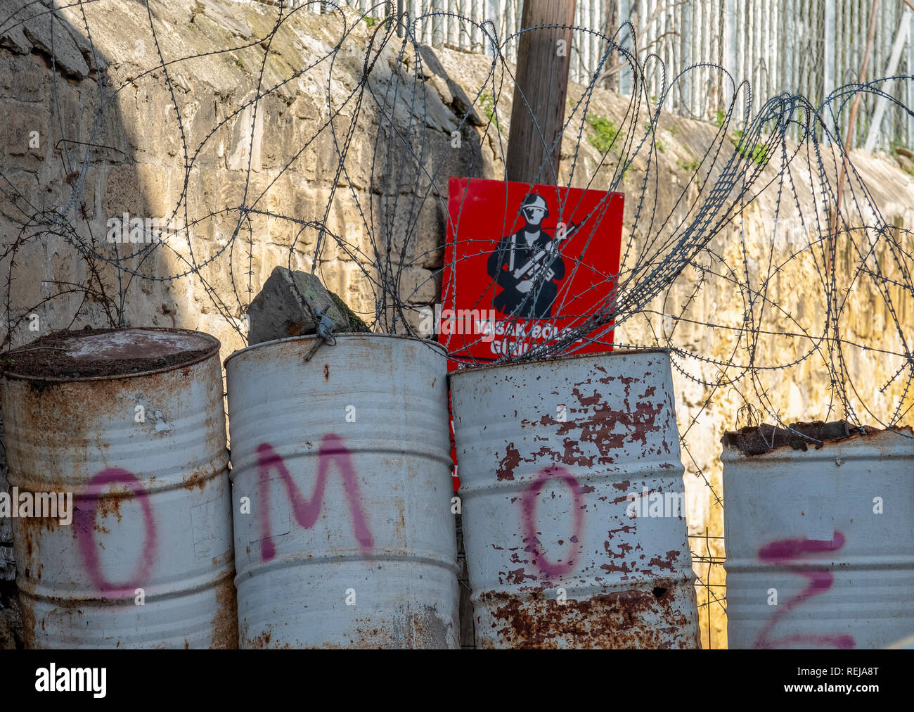A barrier across a street in the centre of Nicosia, Cyprus which marks ...