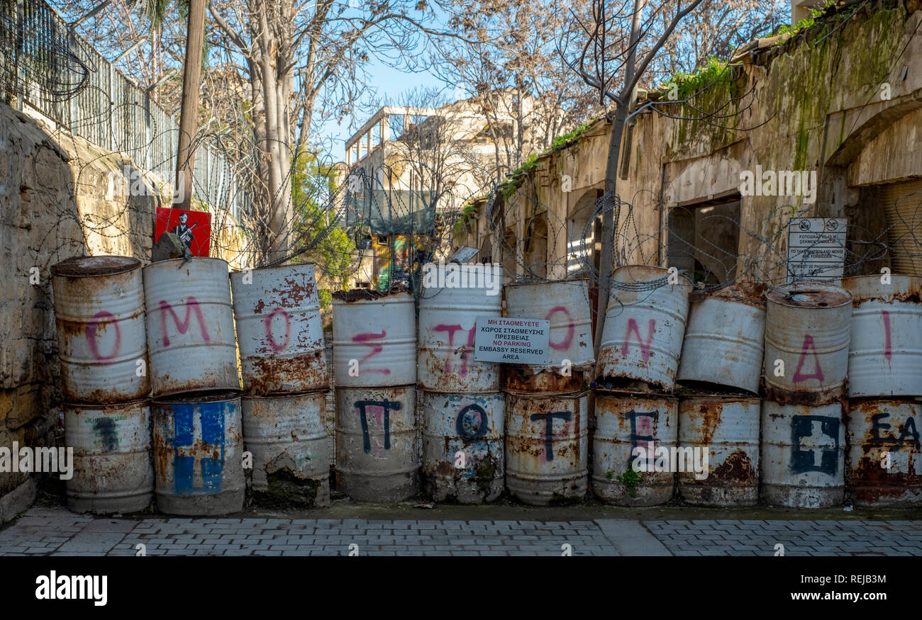 A barrier across a street in the centre of Nicosia, Cyprus which marks ...