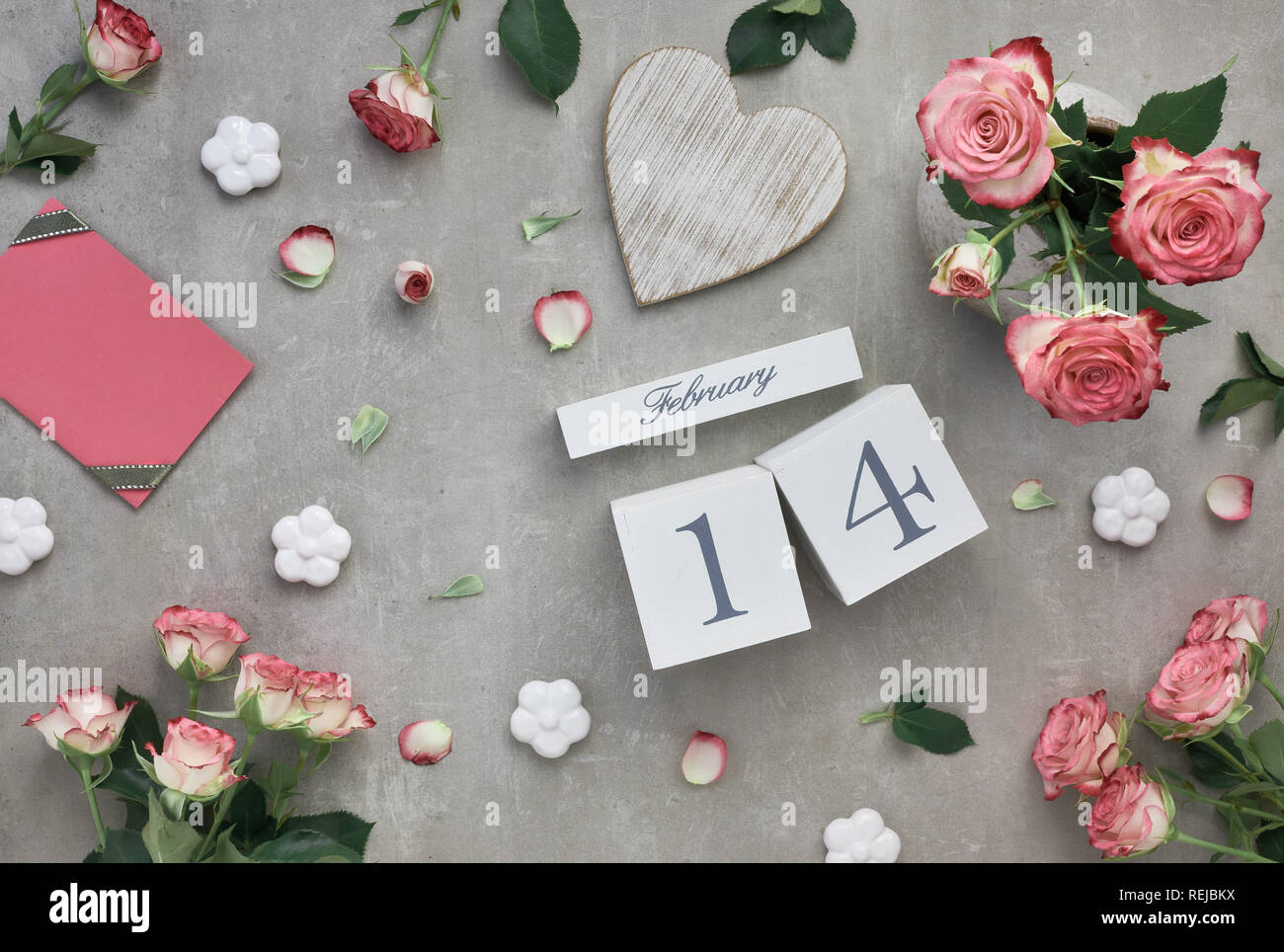 Valentines day background with pink roses, wooden calendar, greeting ...