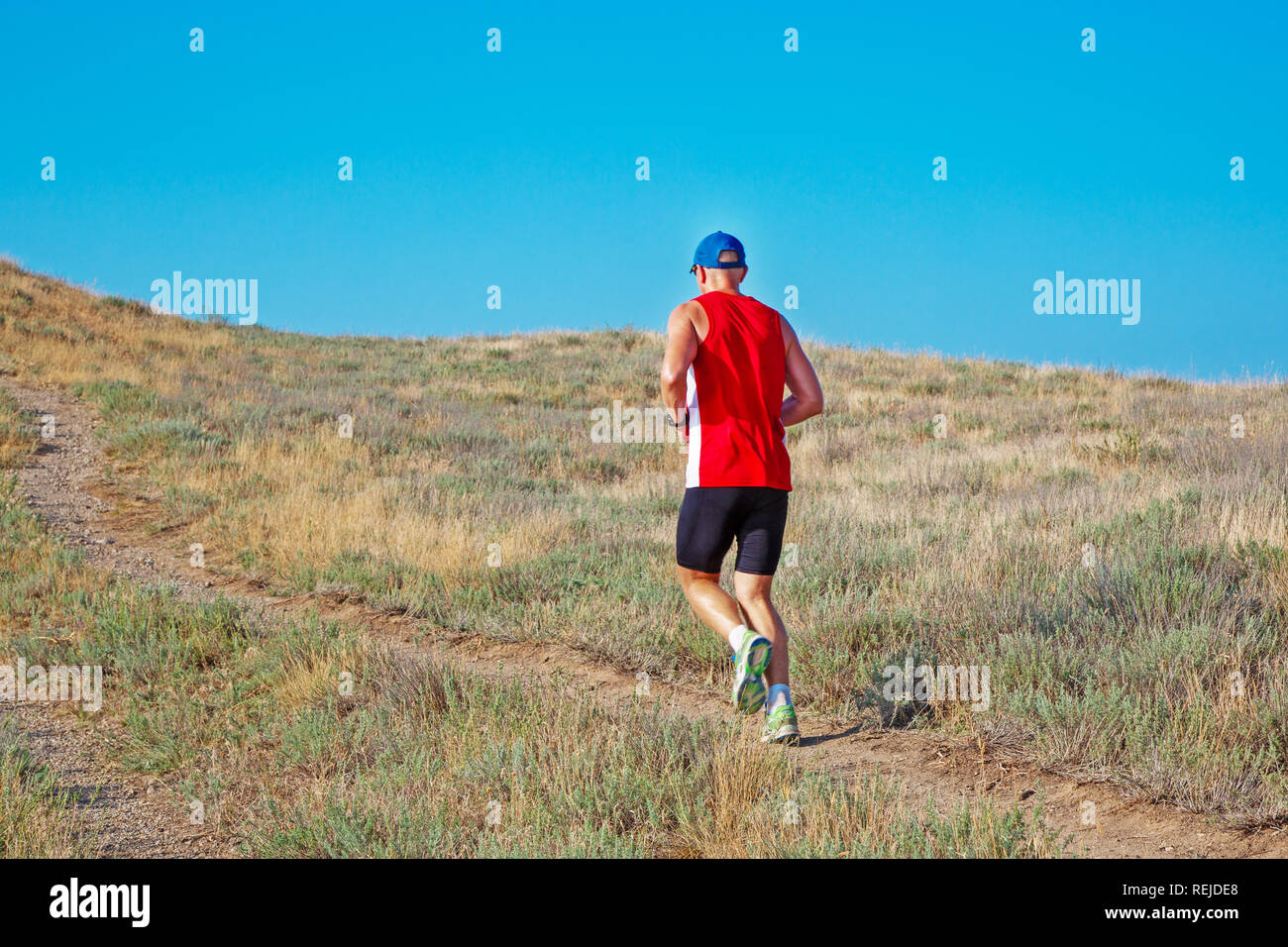 rear view of athletic runner running on a mountain trail on a blue sky ...