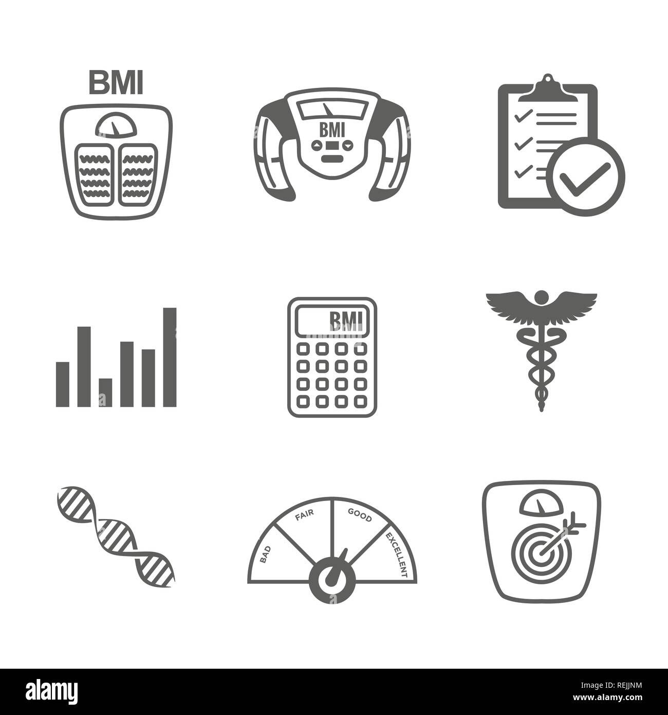 BMI / Body Mass Index Icons w scale, indicator, and calculator Stock ...