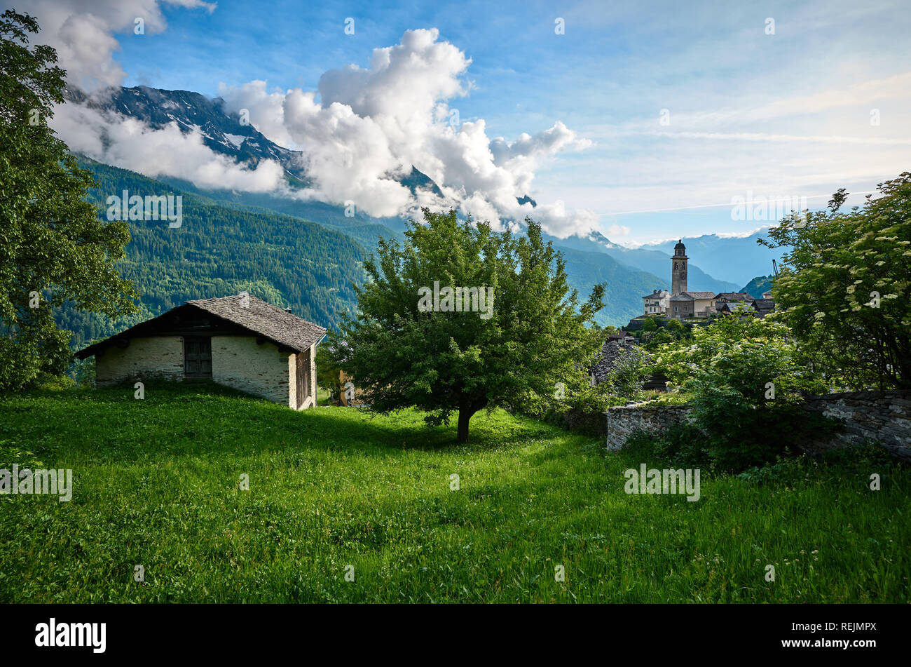 Landscape panorama of mountain village Soglio, canton of the Grisons ...