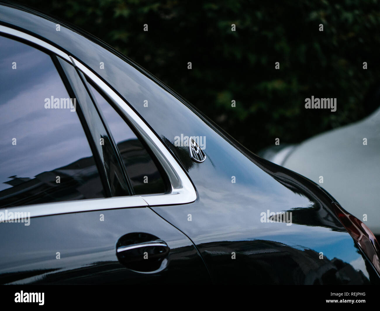 PARIS, FRANCE - MAY 21, 2018: Side view of Maybach Mercedes logotype on ...
