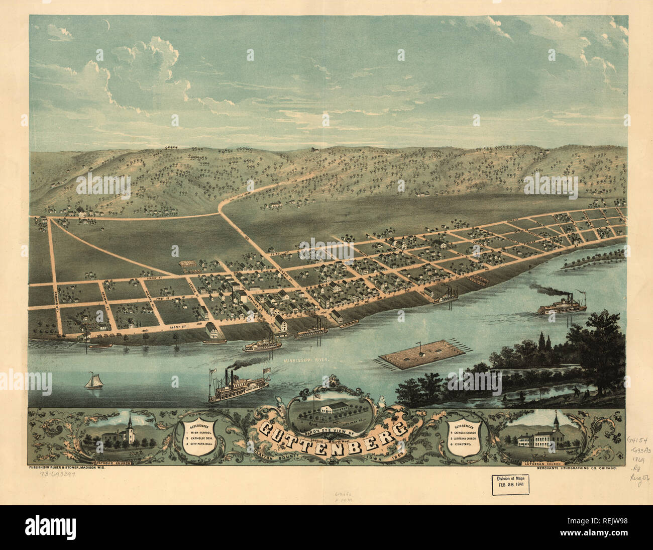 Bird's Eye View of Guttenberg, Clayton County Iowa, 1869 Stock Photo ...
