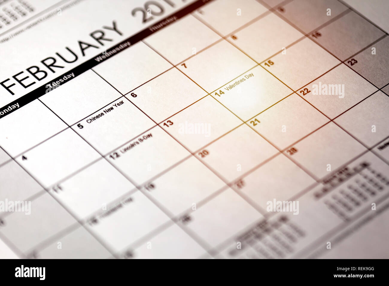 Calendar page with a highlight on February 14 of Saint Valentines day ...