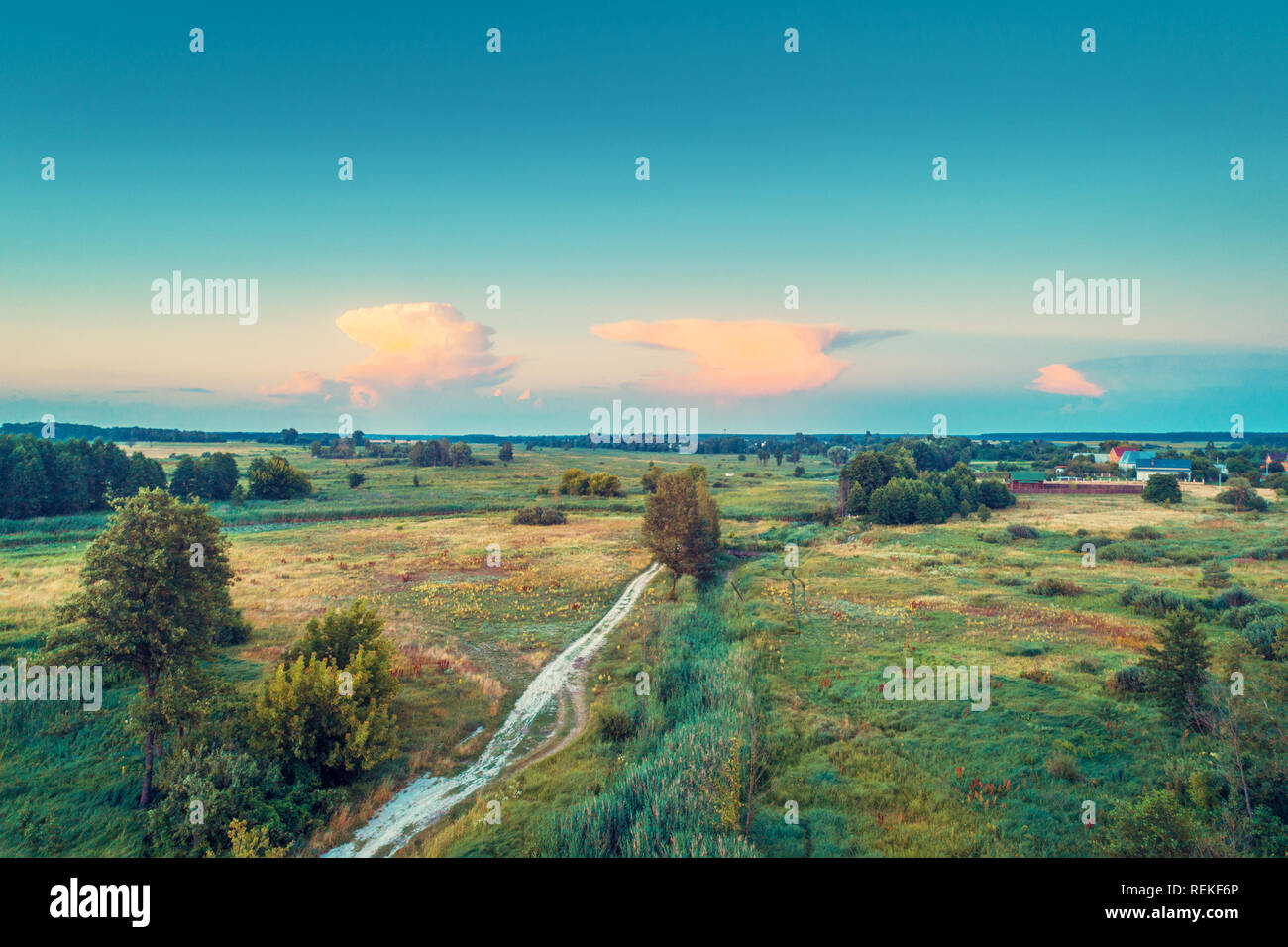 Aerial view of countryside in summer evening Stock Photo - Alamy