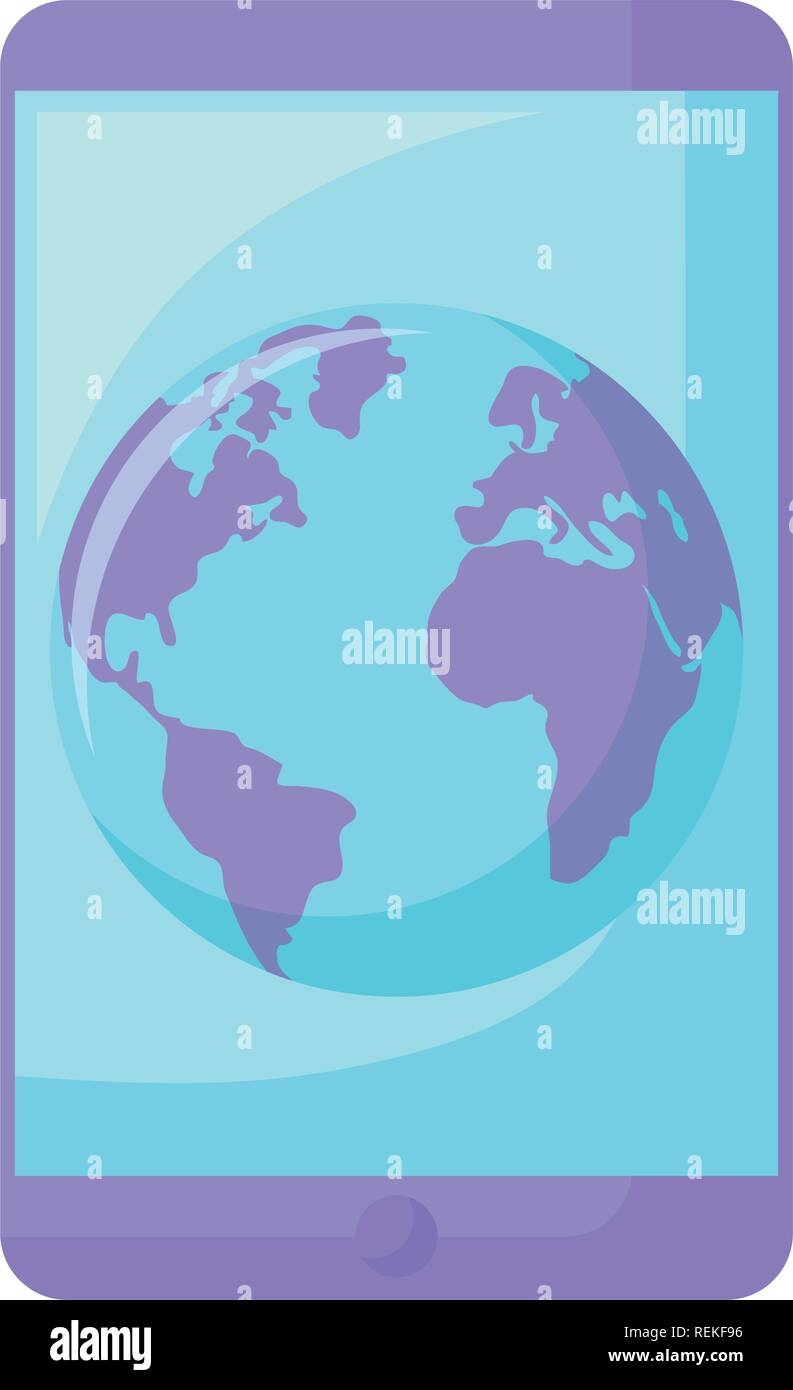 Smartphone device with earth planet icon on screen Over white ...