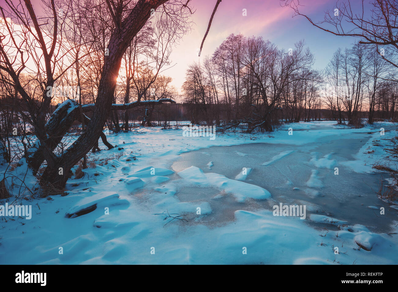 Beautiful rural winter landscape, frozen brook Stock Photo - Alamy