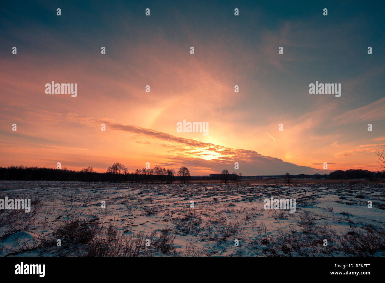 Snowy field with trees and lake hi-res stock photography and images - Alamy