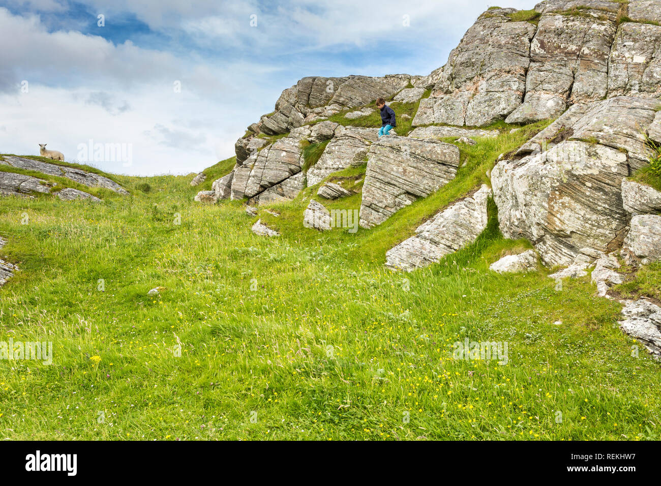 Young boy climbing and sheep standing nearby on rocks near Bosta Beach ...