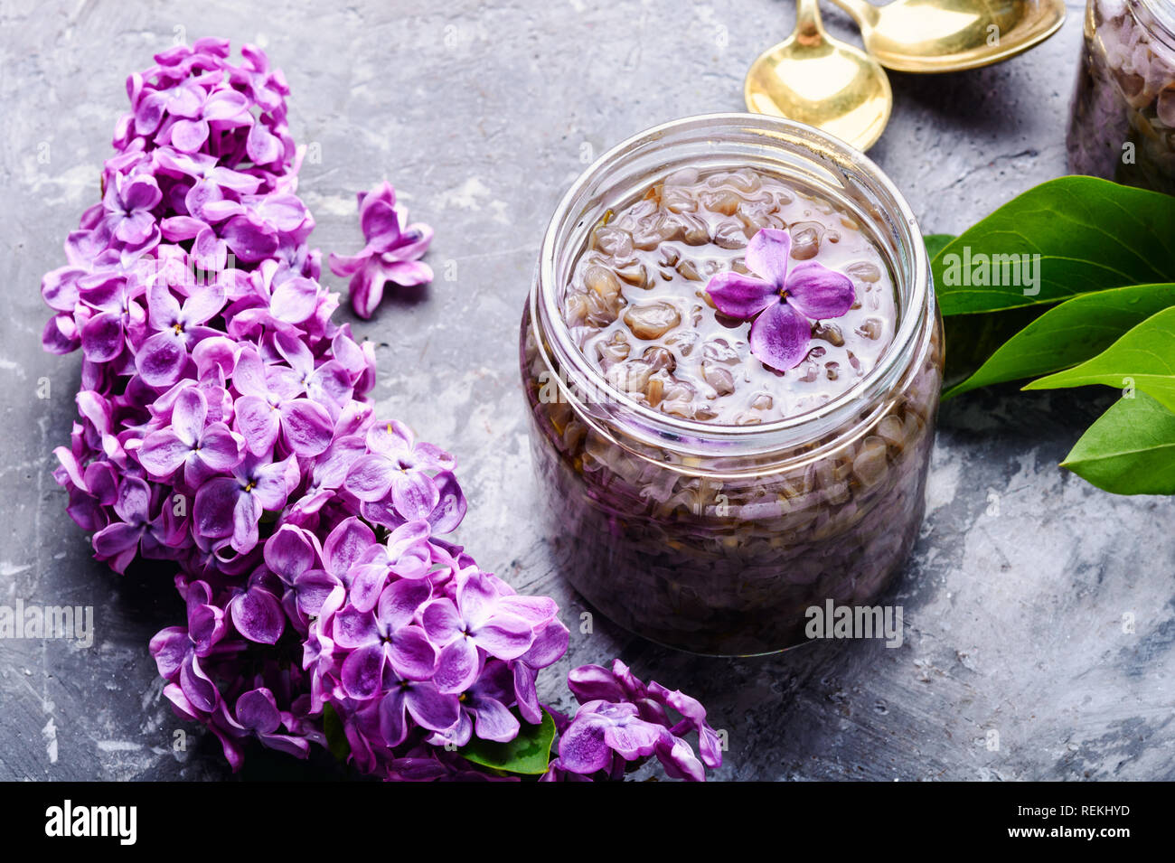 Homemade spring jam of lilac petals. Medicinal jam Stock Photo - Alamy