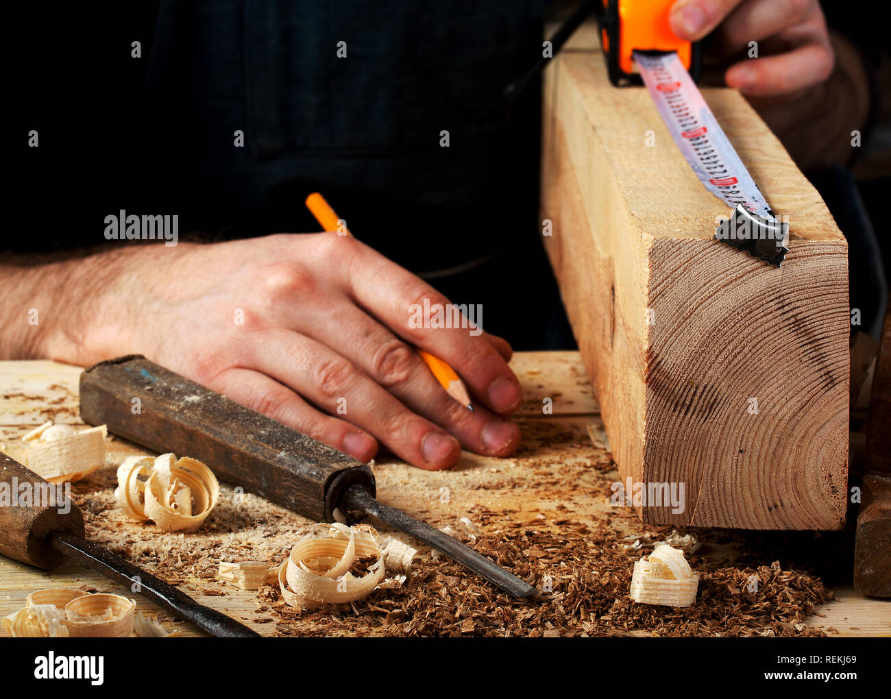Carpenter tools on wood table background. Copy space. Top view Stock ...