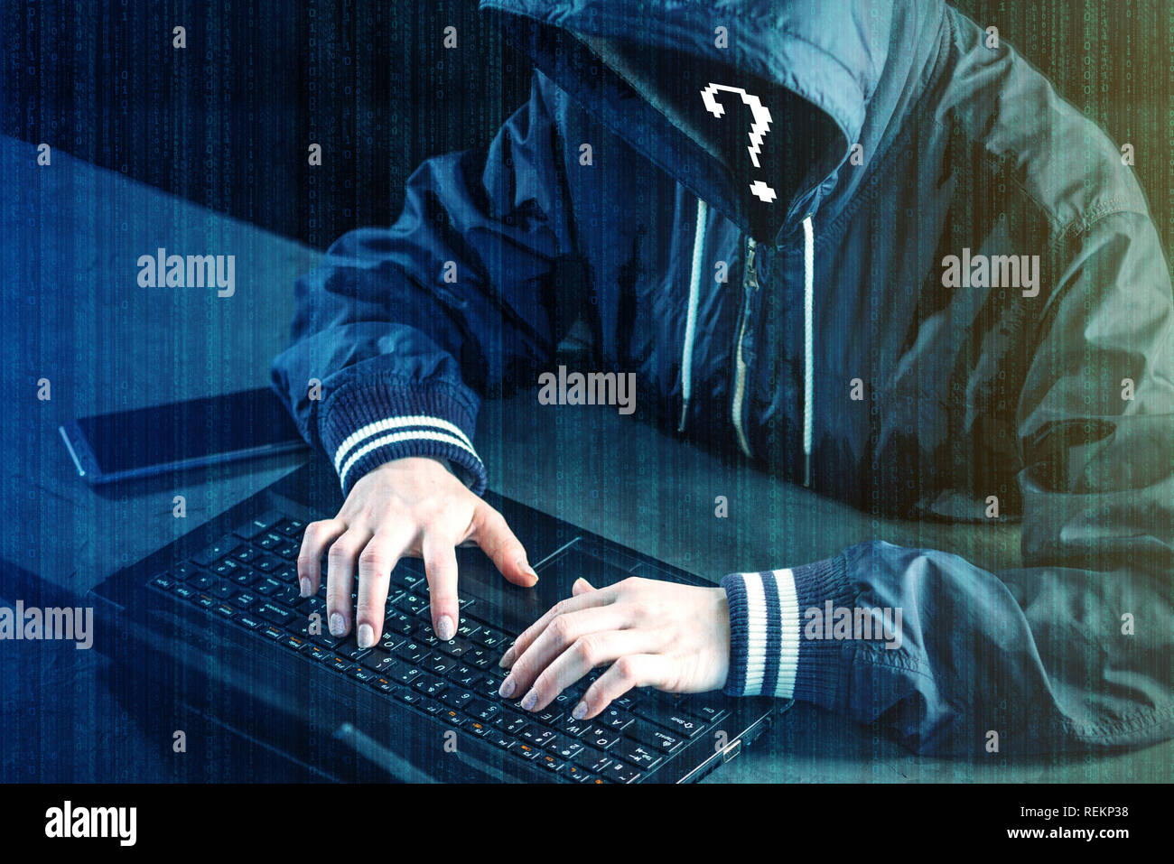 Anonymous hacker programmer uses a laptop to hack the system. Stealing personal data. Creation ...