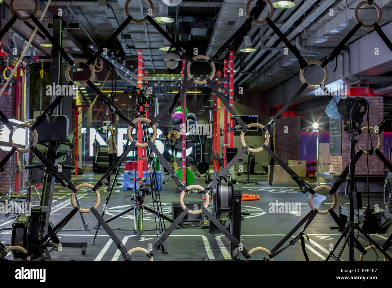 Modern gym interior with equipment. Sport, fitness and health care ...