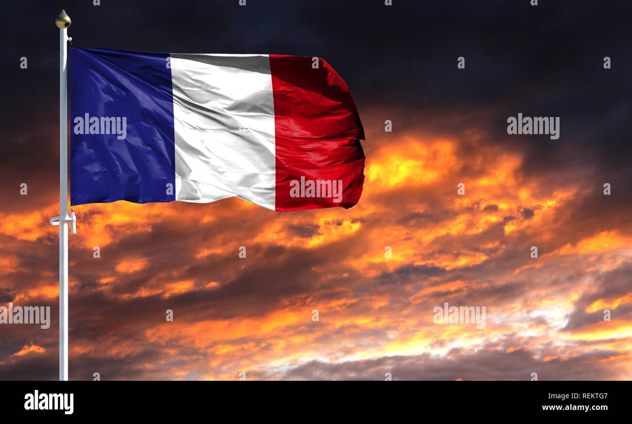 flag of France on flagpole fluttering in the wind against a colorful ...