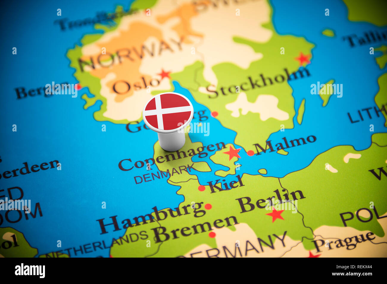 Denmark flag on country map hi-res stock photography and images - Alamy