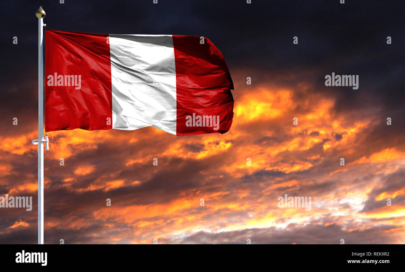 flag of Peru on flagpole fluttering in the wind against a colorful ...