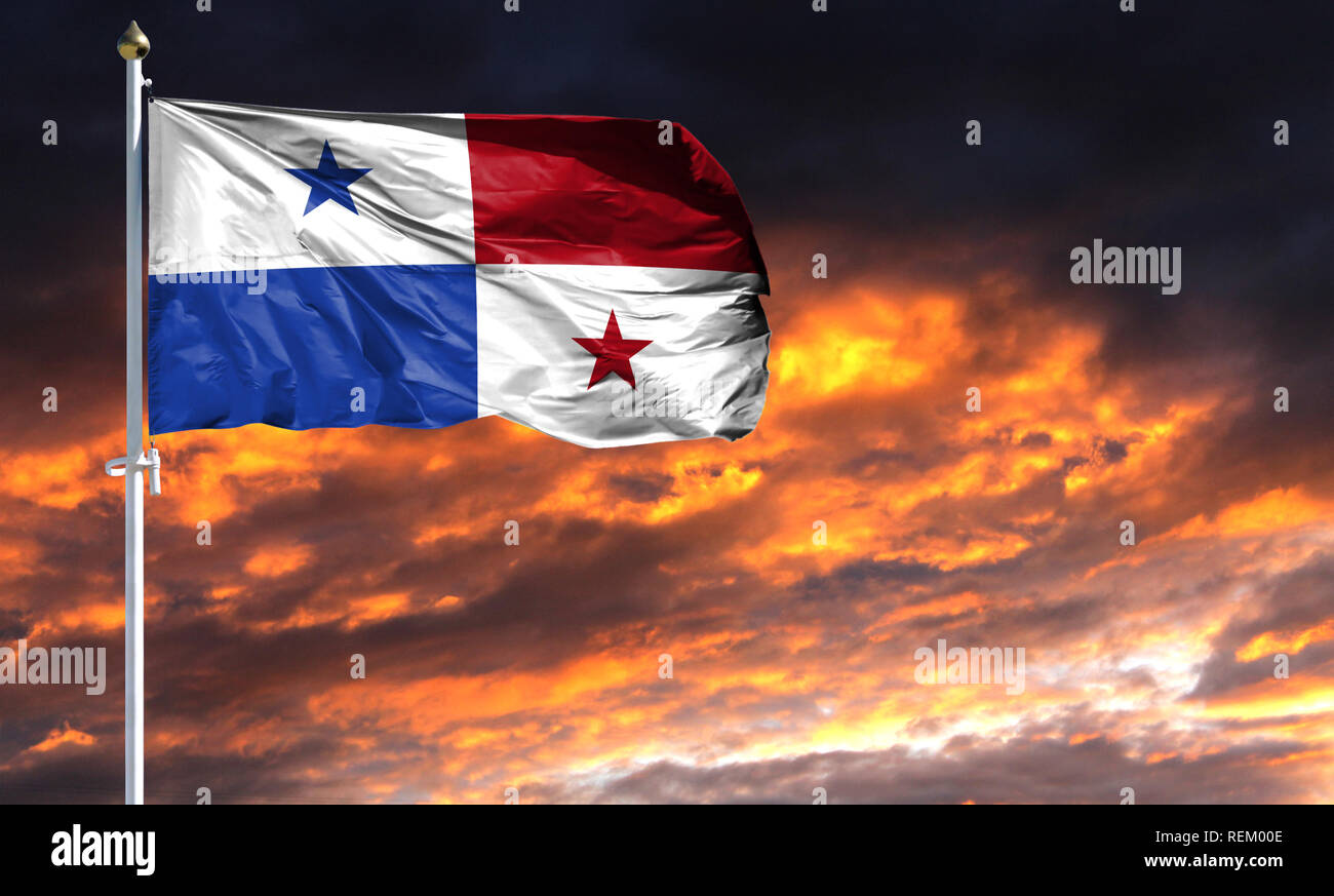 flag of Panama on flagpole fluttering in the wind against a colorful ...