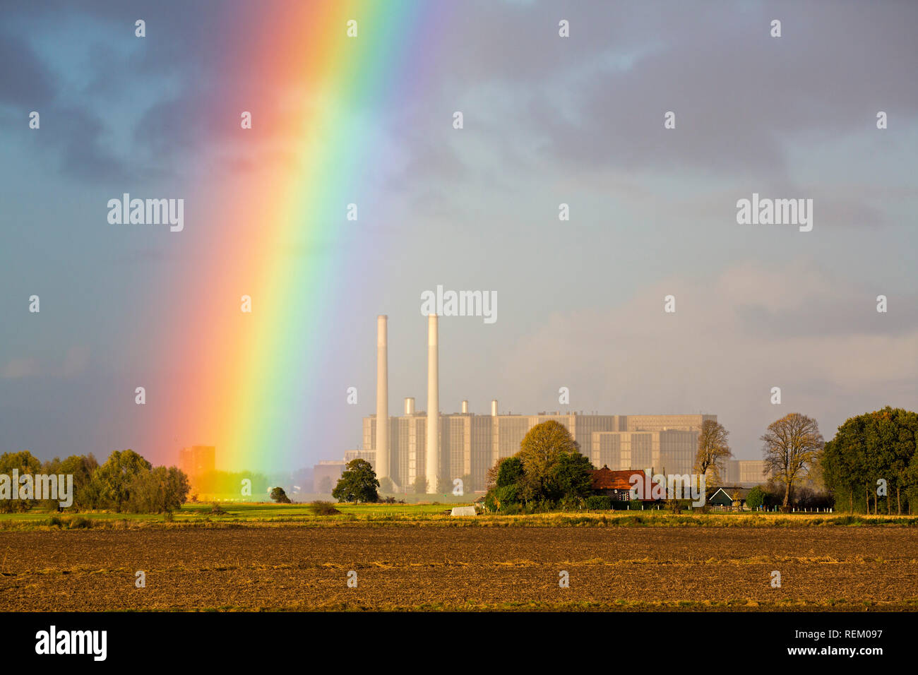 The Netherlands, Deventer, Farm, farmland, factory, rainbow Stock Photo ...